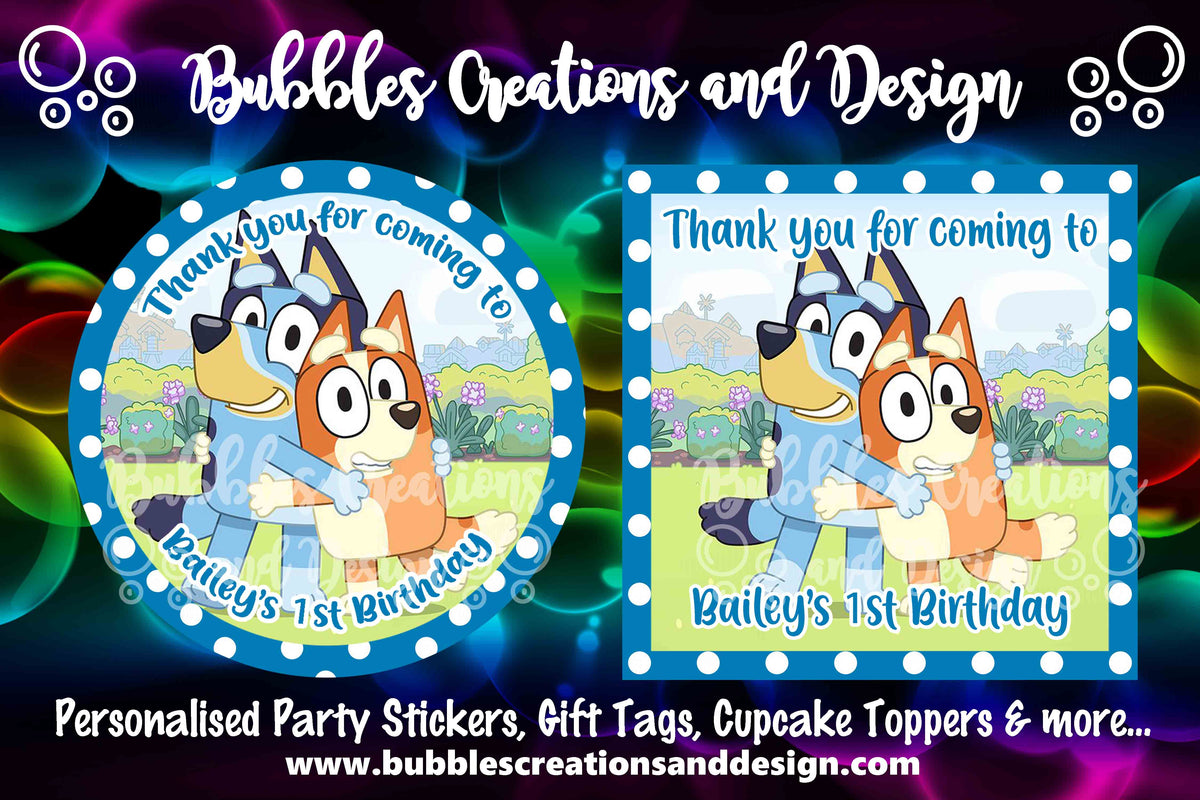 Personalised Party Stickers - Bluey & Bingo - Blue – Bubbles Creations ...